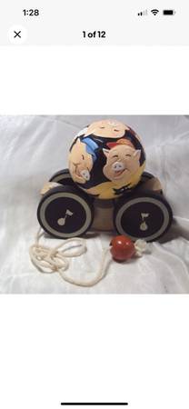 BRIERE Folk Art Pull Toy 1992 Three little happy Pigs ball original ...